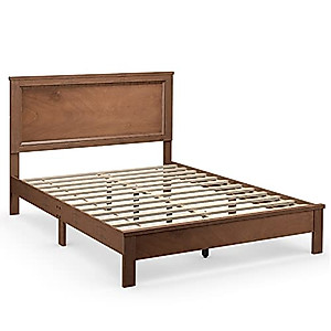 KOMFOTT Wood Full Bed Frame with Headboard, Mid Century Platform Bed with Solid Wood Slats Support & Rubber Wood Legs, Slatted Bed Mattress Foundation, No Box Spring Needed, Easy Assembly