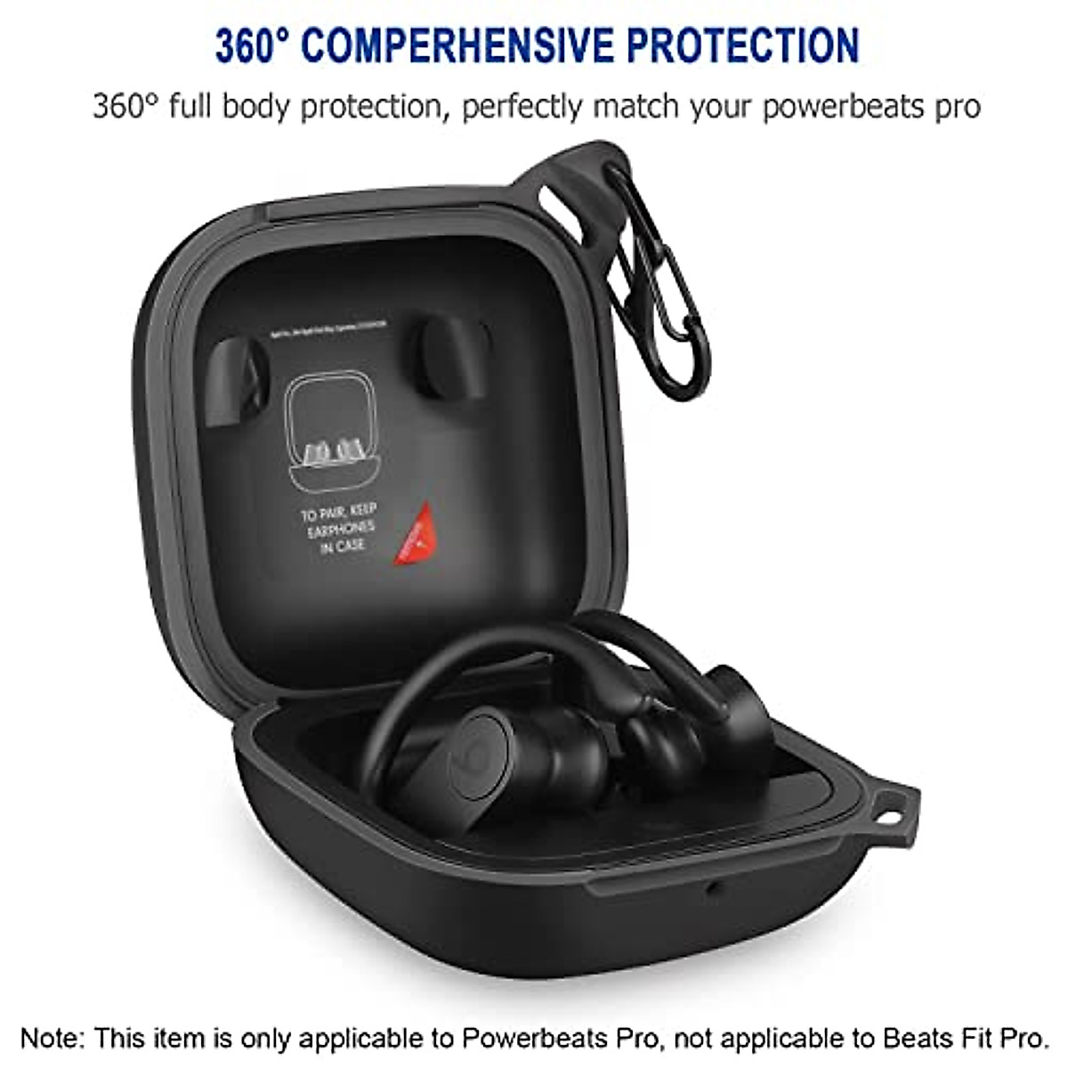 HIETON Silicone Case for Powerbeats Pro, Anti-Break Anti-Lost & Shockproof Easy Carrying Unique Dual Hole Portable Protective Case Cover with Carabiner for 2019 Newest Beats Powerbeats Pro(Black)