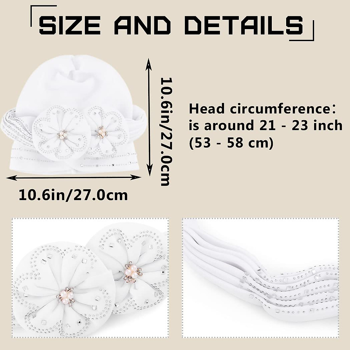 Woeoe Women African Head Wraps White Rhinestones Head Scarf Floral Pearls Beanie Cap Headwear