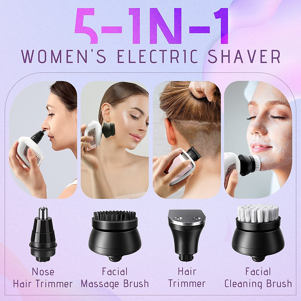 5 in 1 Cordless Electric Razor for Sensitive Skin - Painless Women's Leg, Bikini and Face Hair Remover - Waterproof Wet/Dry Shaver and Trimmer