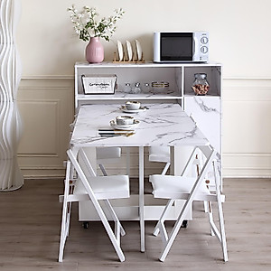 FUNROLUX Folding Dining Table and Sideboard Cabinet Set, Movable Kitchen Table and Buffet Cabinet with Storage Space for Dining Room, Living Room (White)