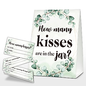 Eyouyeqi How Many Kisses Are In The Jar Sign, Greenery Bridal Shower Game, Eucalyptus Baby Shower Sign & Tickets, Wedding/Engagement Party Supplies Decorations - (1 Sign + 50 Guessing Cards) - 08