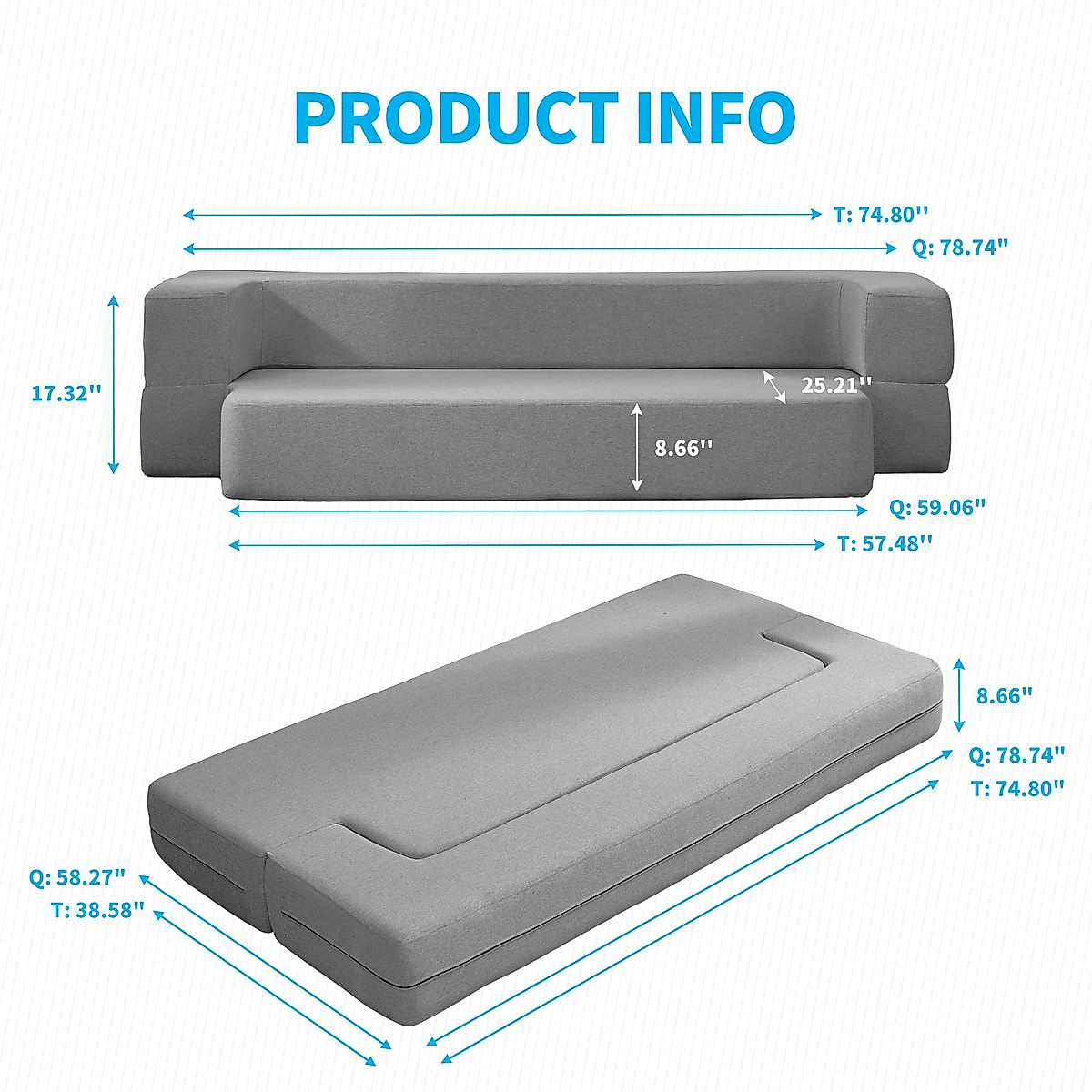 Mjkone 8.6 Inches Floor Sofa Bed Queen Size, Convertible Folding Sofa Bed, Sleeper Couch Bed with Memory Foam Mattress, Guest Bed for Living Room/Bedroom/Guest Room/Home Office (Light Grey)