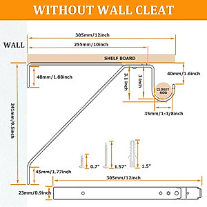 LANMIERT Heavy Duty Closet Rod Bracket, Adjustable Closet Shelf & Rod Brackets for 3/4" Wall Cleat, Adjustable for Rear Cleat Strip, closet rod support bracket Set of 4