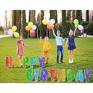 Coonoe Happy Birthday Yard Sign with Metal Stakes - 16” Outdoor Lawn Decorations, Weather-Resistant Letters, birthday party supplies gift for Kids & Adults (Glitter)