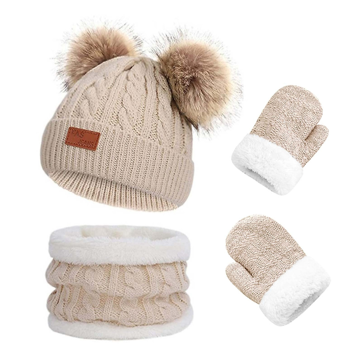 Duoyeree Baby Winter Hat Warm Scarf Gloves Set Pom Knitted Beanie Mitten Scarves for Toddler Girl Boy Beige