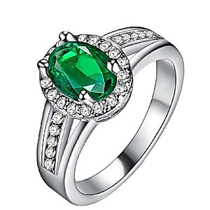 Uloveido Women Fashion Jewelry Green Stone Silver Color Ring for Wedding Engagement Halo Ring for Women with CZ Diamond Size 7 PJ141