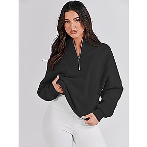 Caracilia Womens Half Zip Sweatshirts Long Sleeve Oversized Cute Hoodies Teen Girls Y2K Fall Winter Trendy Quarter Zip Loose Fit Outfits Sweater 2023 Fall Fashion C115A1-heise-XL Black