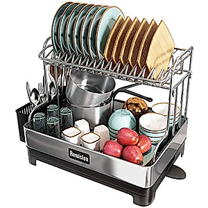 romision Dish Drying Rack, 304 Stainless Steel 2 Tier Large Dish Rack and Drainboard Set with Swivel Spout Drainage, Full Size Dish Drainer with Utensil Holder for Kitchen Counter of Big Family