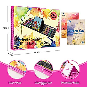 Art Supplies, 240-Piece Drawing Art Kit, Gifts Art Set Case with Double Sided Trifold Easel, Includes Oil Pastels, Crayons, Colored Pencils, Watercolor Cakes, Sketch Pad (Pink)