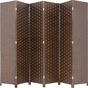 6-Panel Room Divider Folding Screen Wooden Partition, 6 ft. Tall Weave Fiber Extra Wide Foldable Panels Wall Divider Double Hinged Privacy Outdoor/indoor Divider for Home Office Dorm Decor - Brown