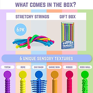 BUNMO Super Sensory Stretchy Strings 6pk | Calming & Textured Monkey Stretch Noodles | Sensory Toys for Autistic Children | Stress Relief & Anxiety Toys for Kids | Hours of Fun for Kids