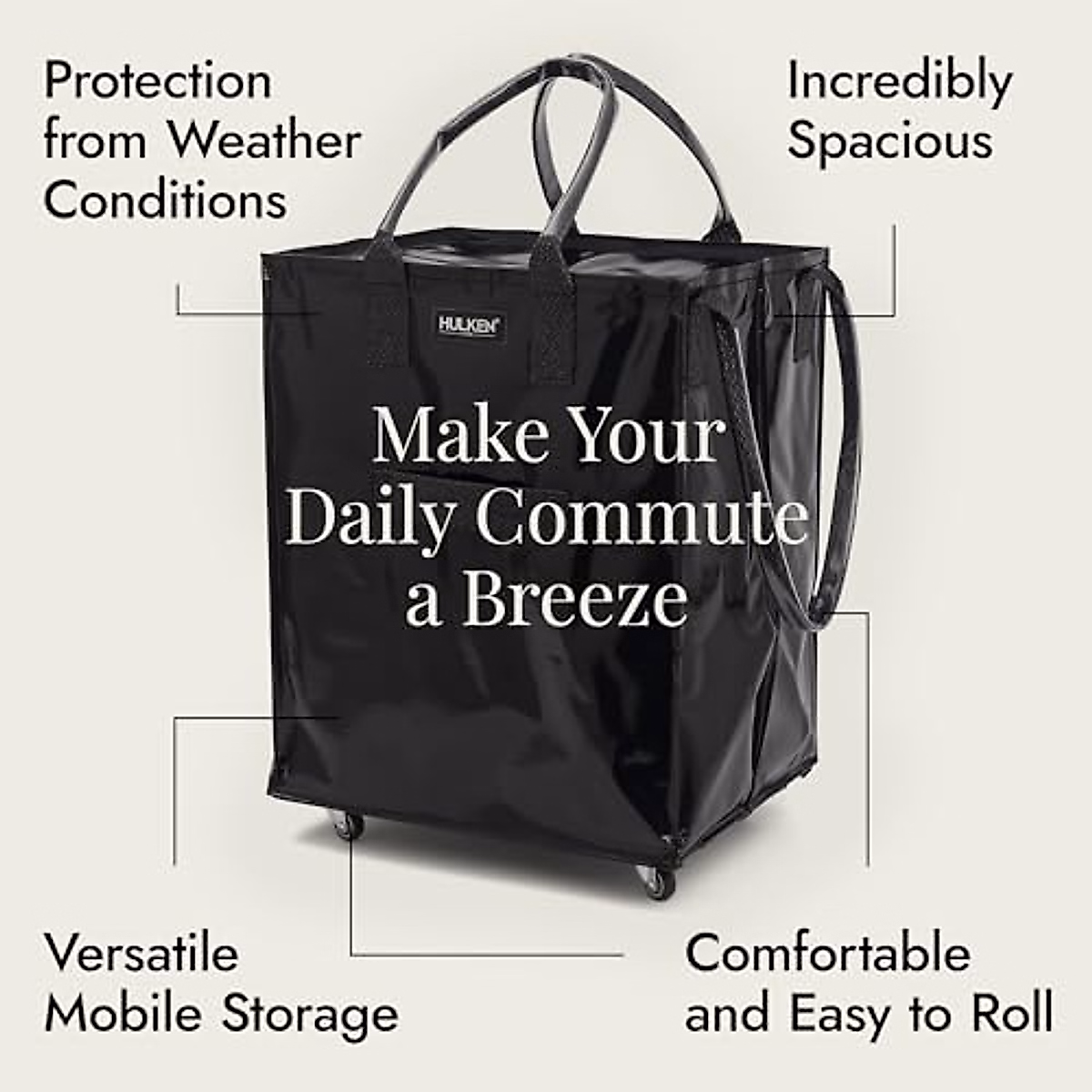 HULKEN - (Large, Black) Reusable Grocery Bag On Wheels, Shopping Trolley, Rolling Tote, Zipper Closure, Lightweight, Carries Up to 66 lb, Folds Flat, Unbreakable Handles