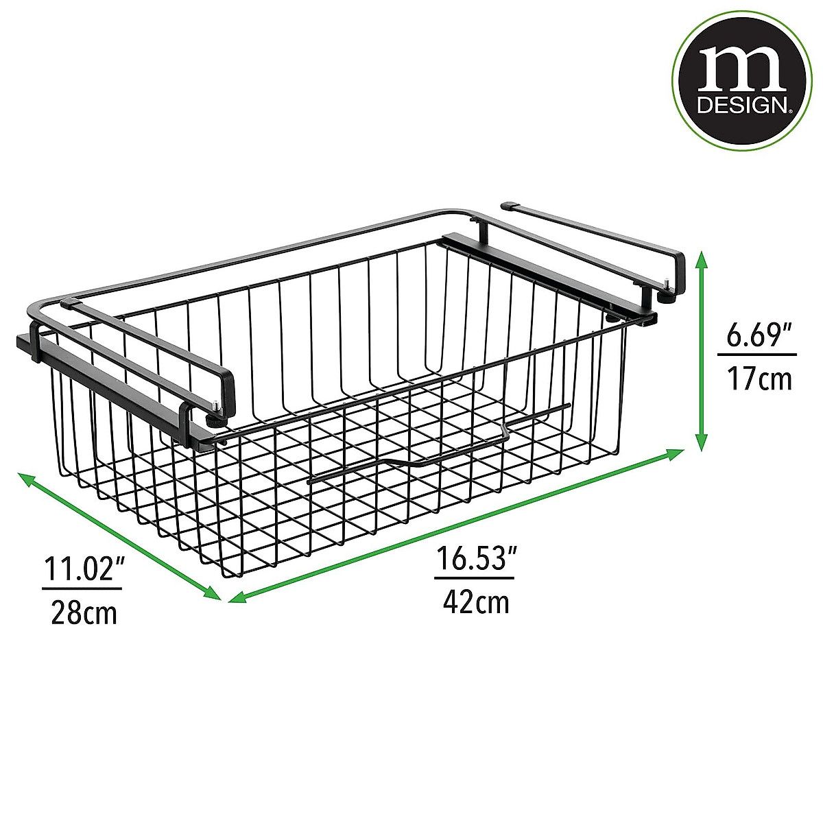 mDesign Large Metal Wire Hanging Pullout Drawer Basket - Sliding Under Shelf Storage Organizer - Attaches to Shelving - Easy Install - 4 Pack - Black