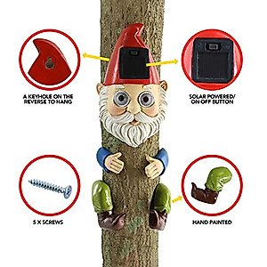 Gnome Solar Tree Hugger Sculpture with LED Lights for Outdoor Decoration - Funny Figurine for Lawn, Yard, and Garden