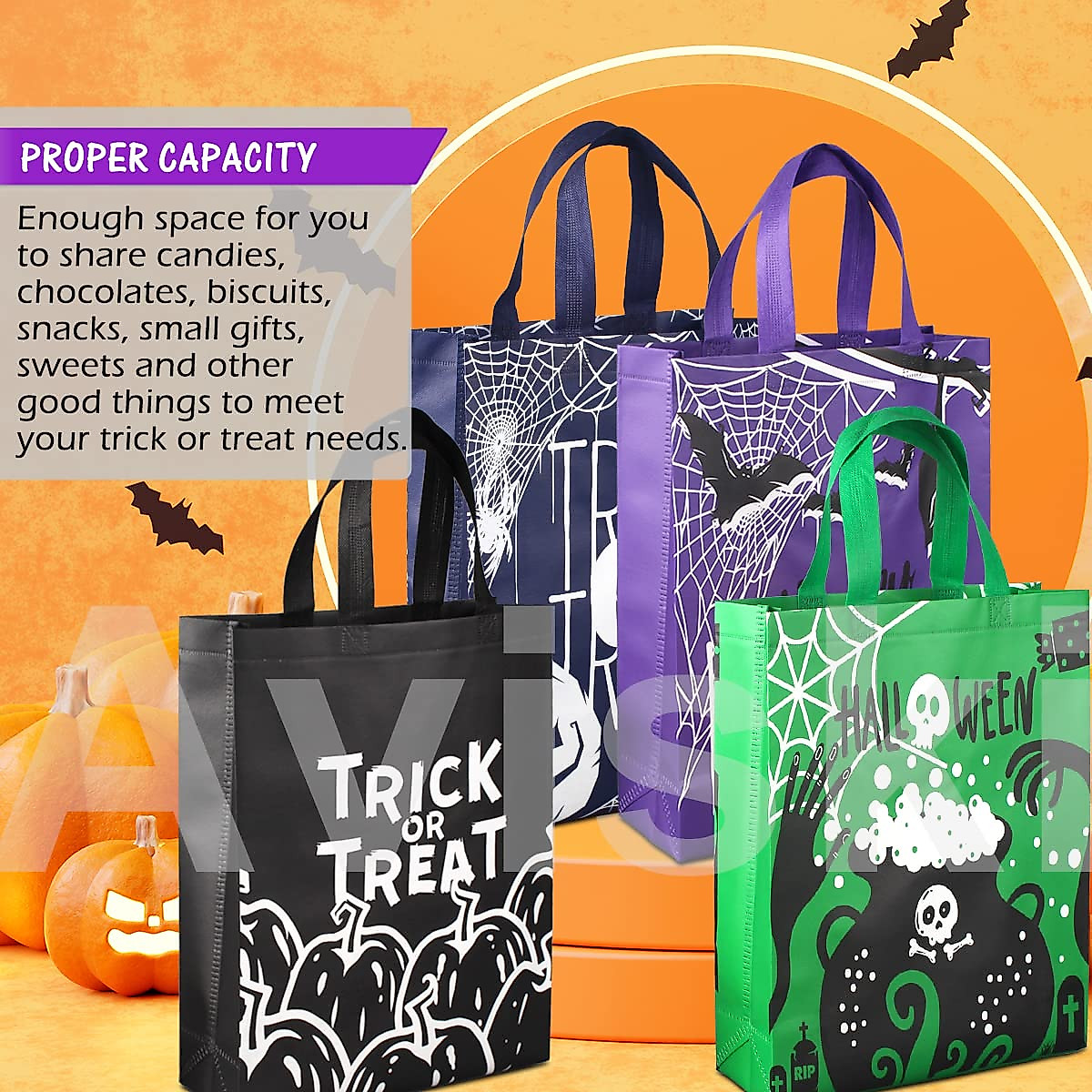 Aviski 12PCS Halloween Trick or Treat Bags,Halloween Tote Bags with Handles, Large Gift Bags, Multifunctional Non-Woven Halloween Bags for Gifts Wrapping, Halloween Party Supplies, 15×11.8×3.9"