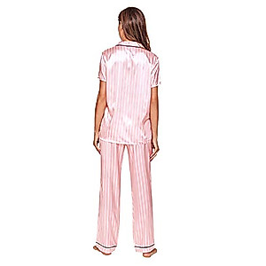 WDIRARA Women's Sleepwear Striped Satin Short Sleeve Shirt and Pants Pajama Set Pink S