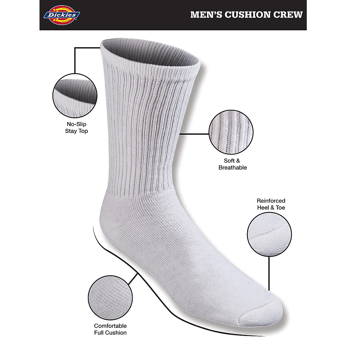 Dickies Men's All Purpose Cushion Crew Socks, Available in M-XL (6, 12, White (6 Pairs), Large