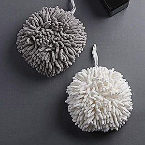 WEIWODUZUN 2 Pack Fuzzy Ball Towel White and Gray, Dry Your Hand Instantly conveniently with This Creative Bath Towel Set Towels for Bathroom Kitchen Chenille Hand Towels (2 Pack + 2 Hooks)