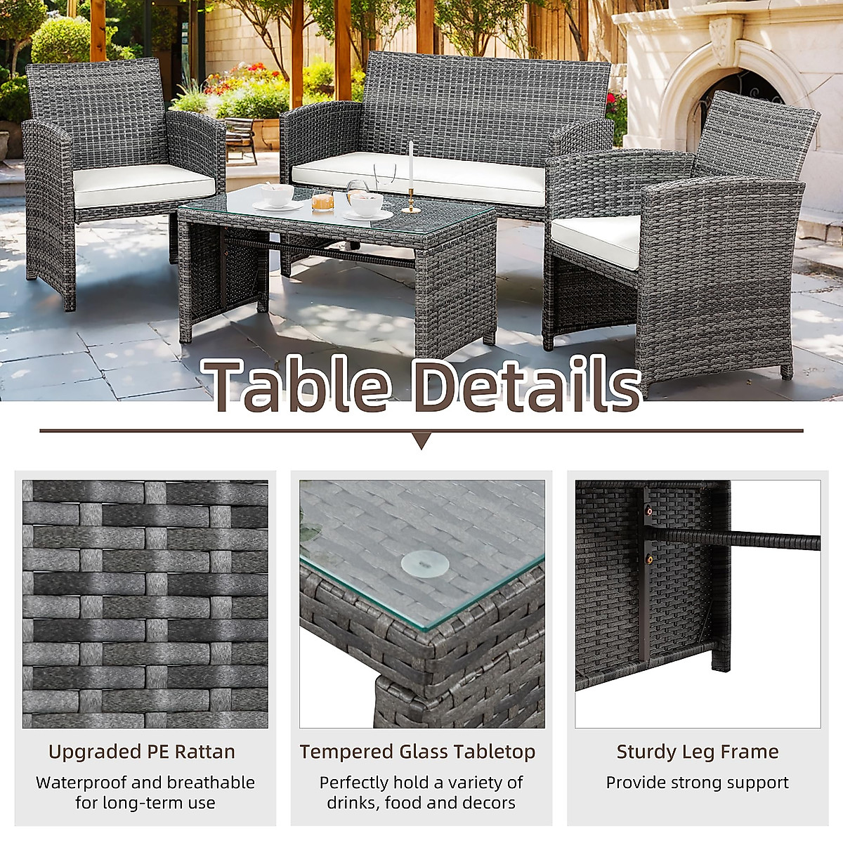 Shintenchi 4-Piece Patio Furniture Set, Outdoor Wicker Patio Conversation Furniture Set with Cushions and Tempered Glass Tabletop for Lawn Backyard Pool Garden,Beige