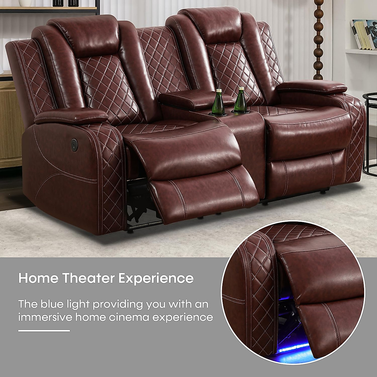Caberryne Power Recliner Sofa Set with LED Lights,Leather Reclining Loveseat with Double Recliner/USB Port/Storage Console/Cup Holder,Living Room Furniture for House/Home Theater(Loveseat,Wine Red)