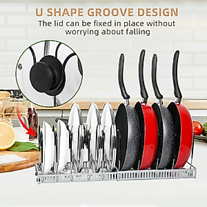 Expandable Pot and Pan Organizers Rack, 10+ Pans and Pots Lid Organizer Rack Holder Fit for Kitchen Cabinet Bakeware Organizer Rack Holder with 10 Adjustable Compartments