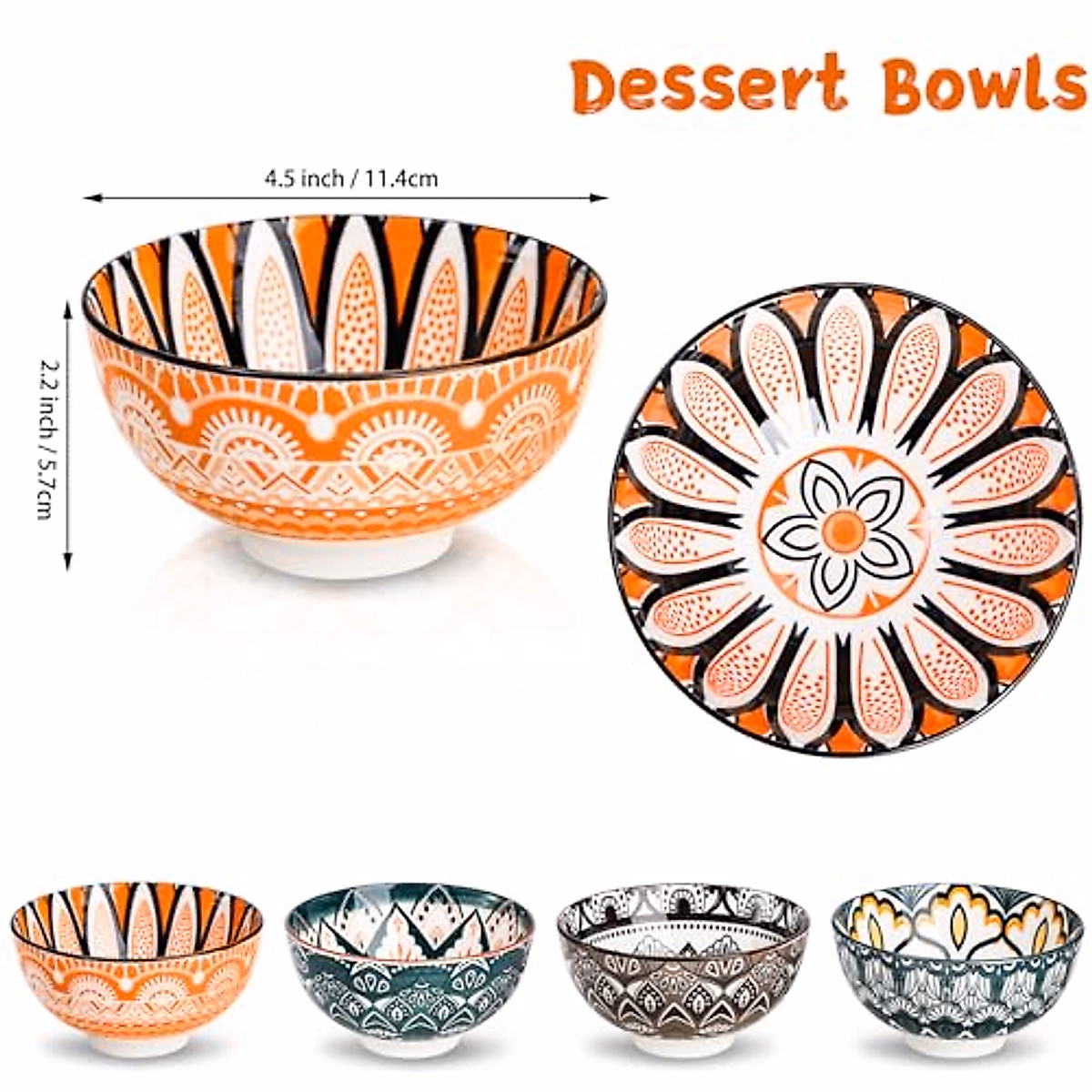 Foraineam 12 Pack Porcelain Bowls, 10 Ounces Small Bowl Set, Colorful Floral Round Bowl for Soup, Ice Cream, Snacks, Rice, Salad, Fruits, Side Dishes, Dishwasher and Microwave Safe