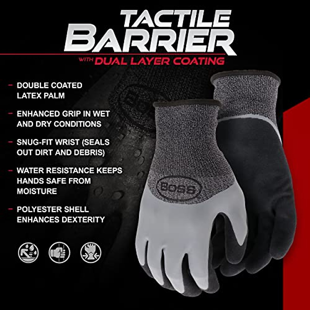 Boss Men's Tactile Barrier Dual Layer Latex Coated Work Gloves, Water Resistant, Superior Grip, Tear Resistant, Gray/Black, Large (B32021-L)