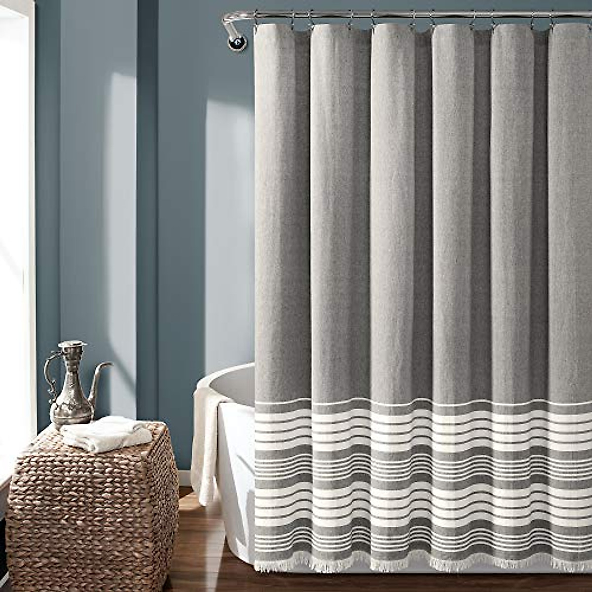 Lush Decor, Gray Nantucket Yarn Dyed Cotton Tassel Fringe Shower Curtain, 72" x 72"