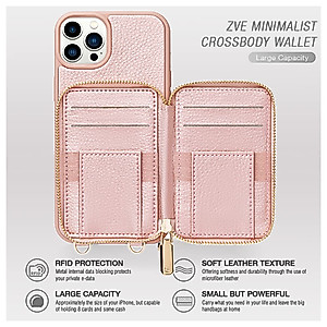 ZVE for iPhone 14 Pro Max Wallet Case Crossbody, Card Holder Zipper Phone Case for Women, Purse Cover with RFID Blocking Wrist Strap for iPhone 14 Pro Max, 6.7 inch, 2022- Rose Gold
