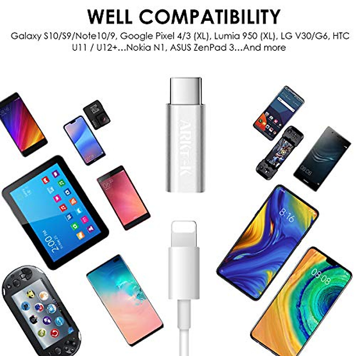 ARKTEK USB-C Adapter i OS Lighting Cable (Female) to USB Type C (Male) - Charging Adapter with 56K Resistor, Compatible for Galaxy S20 Note 10 Pixel 4 and More, Sivler Aluminum (4 Pack)