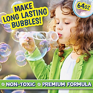 Sunny Days Entertainment Bubble Solution Refill with Wand 64oz Non Toxic (1/2 Gallon), Kids Easy Grip Bottle Refill for Bubble Machine, Bubble Wands, Bubble Toys