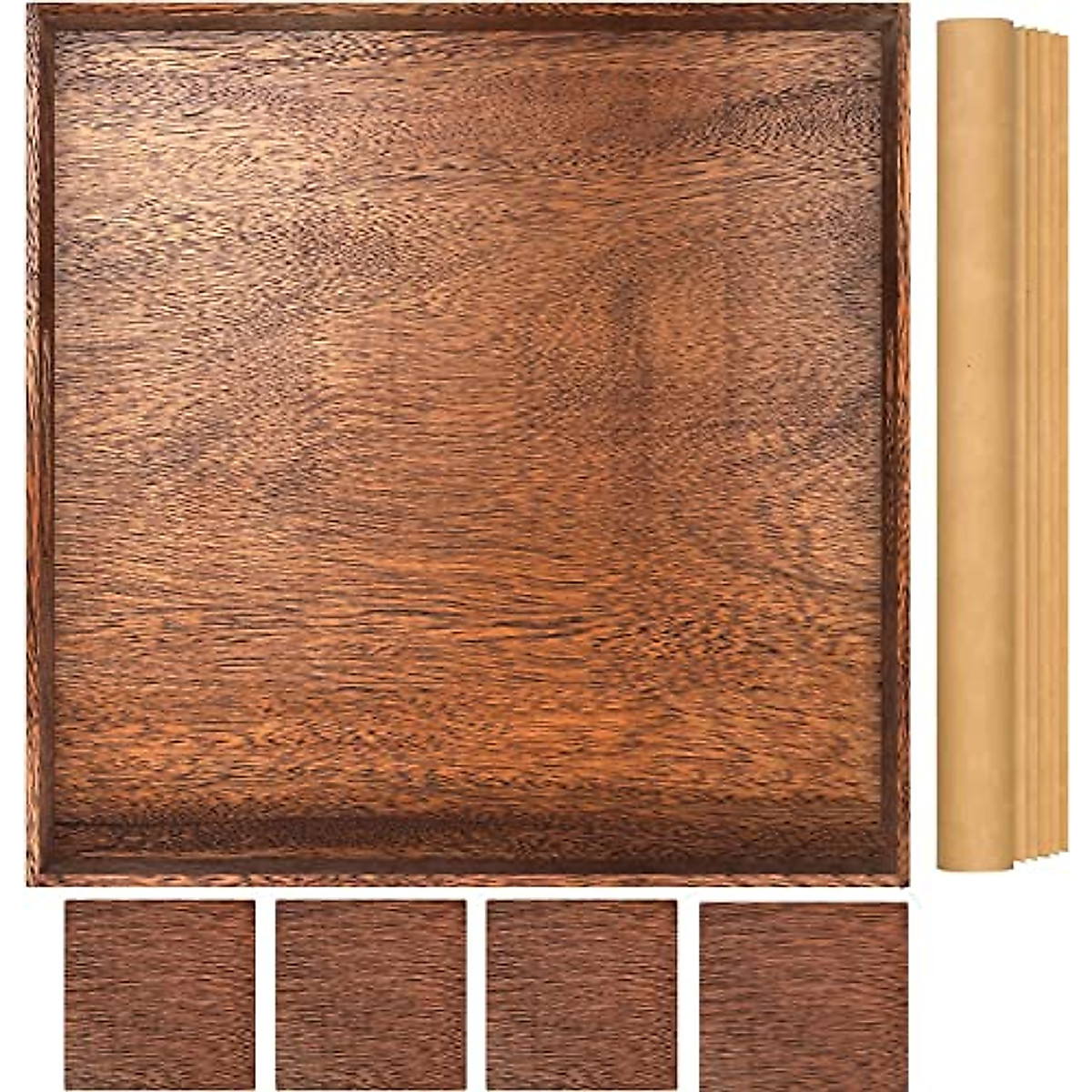 24'' Large Ottoman Tray,Walnut Wood Decorative Serving Tray with Handles for Breakfast, Dinner, Appetizers, Patio, Ottoman, Coffee Table, BBQ, Party –4 Coasters and 5 Greaseproof Papers for Free