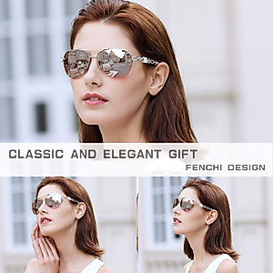 FENCHI Classic Aviator Sunglasses for Women Mirrored Lens Chain Arms Half Rim Metal Frame Sun Glasses UV 400 Protection 60mm