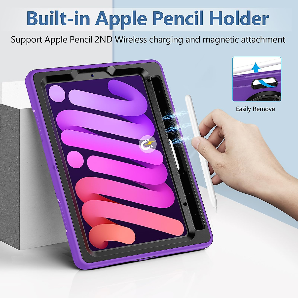 Miesherk Case for iPad Mini 7 (A17 Pro) 2024/ Mini 6 8.3'' Military Grade Heavy Duty Shockproof Case with Stand Shoulder Strap Pencil Holder for iPad Mini 6th Generation A2567 A2568 A2569 Purple