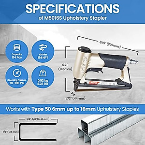 meite MT5016S Upholstery Stapler 20 Gauge 1/2-Inch Crown 1/4-Inch to 5/8-Inch Length Pneumatic Fine Wire Stapler with Safety