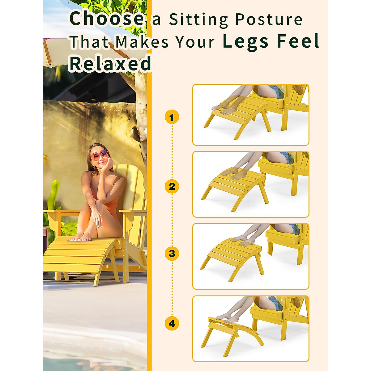 BUPPLEE Folding Adirondack Ottoman for Adirondack Chair, HDPE All Weather Outdoor Footrest Poly Lumber Adirondack Footstool for Patio, Backyard, Garden, Easily Storage - Yellow