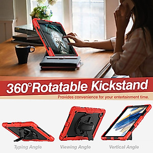 FS FANSONG Samsung Galaxy Tab A8 10.5 Inch Case 2022,SM-X200/X205/X207 Tablet Cover with Screen Protector Pencil Holder 360 Degree Rotating Kickstand and Shoulder Strap Red