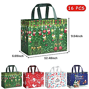 Christmas Gift Bags 16 packs, Christmas Tote Bags Medium Size Holiday Gift Bags with Handle, Reusable Non-Woven Shopping Bags for Xmas Gifts Wrapping Party Supplies Open Size 12.4*9.84*6.69 in