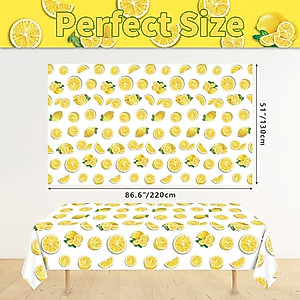 PTECDROTS 4Pcs Lemon Party Tablecloths, Yellow Tablecloth Plastic, Rectangular Lemonade Stand Supplies for Kids Birthday Baby Shower Summer Fruit Lemon Party Decorations, 86 x 51 Inch