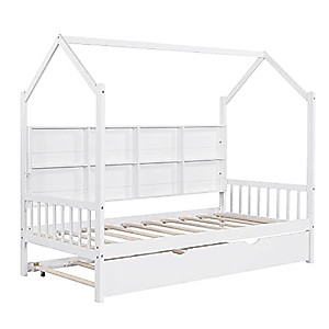 MERITLINE Twin House Bed with Trundle and Storage Shelves for Kids Wood Playhouse Bed Frame Montessori Daybed for Girls Boys Teens, White