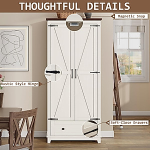 LUXOAK Farmhouse Kitchen Pantry Cabinet, 72" Tall Storage Cabinet with Adjustable Shelves & Barn Doors, Freestanding Kitchen Cupboard for Dining Room, Living Room, Barnwood+White