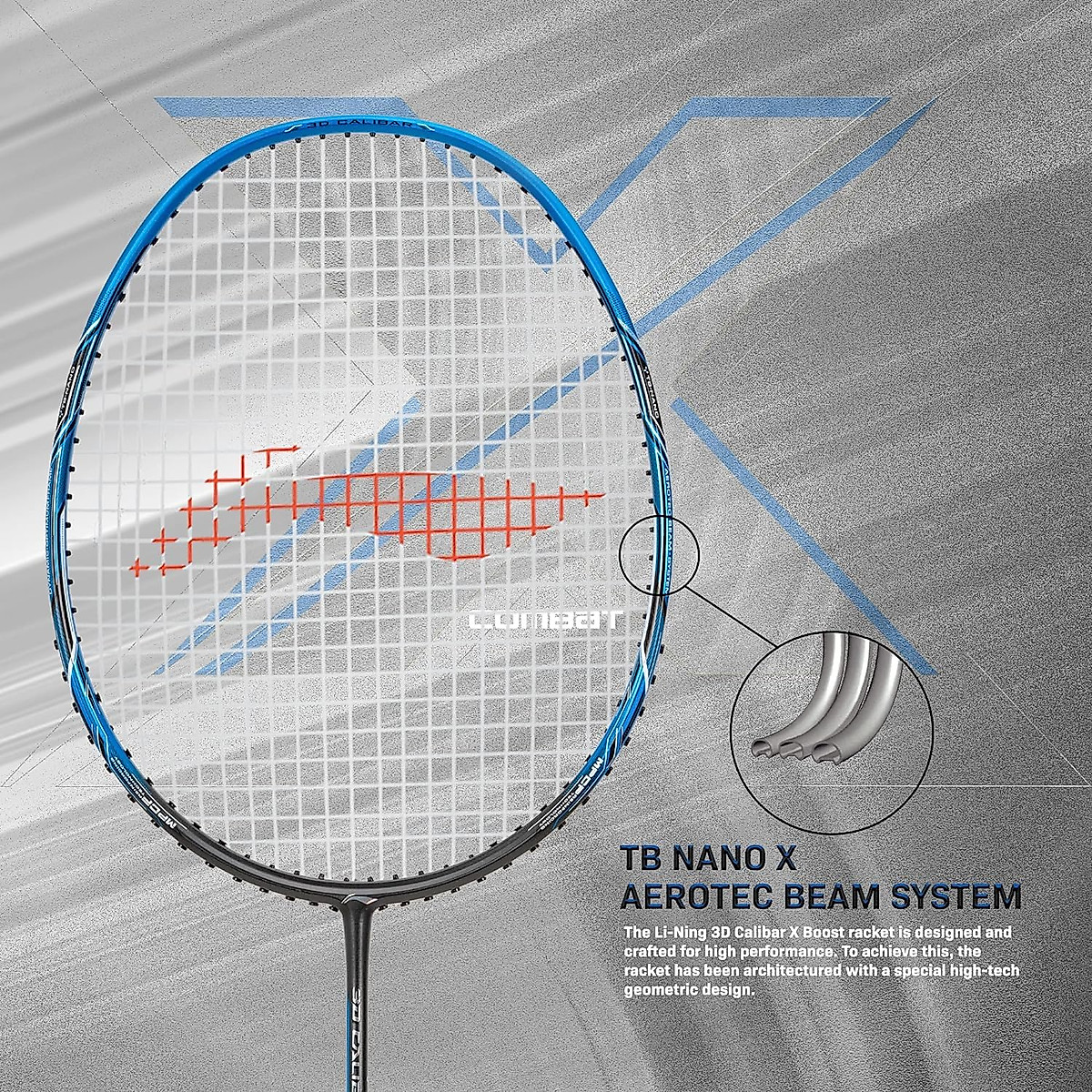 Li-Ning 3D Calibar X Combat Carbon Graphite Badminton Strung Racquet (85 Grams, 30 Lbs String Tension) and Full Cover (Charcoal/Blue)