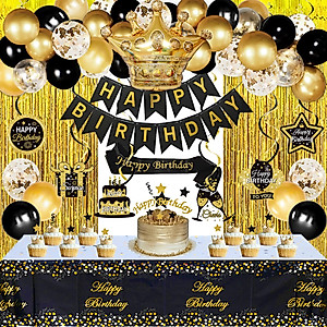Black and Gold Birthday Decorations for Men Women, Black and Gold Party Decorations Include Crown Hanging Swirls Curtains Tablecloth Cake Toppers Banner for Gold and Black Birthday Decorations for Dad