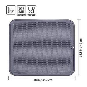Piduules Eco-friendly Silicone Dish Drying Mat Large Reusable Non-slipping and Heat Resistant Dish Quick Drying Pad, Dishwasher Safe, Gray XL 18"x15.8"
