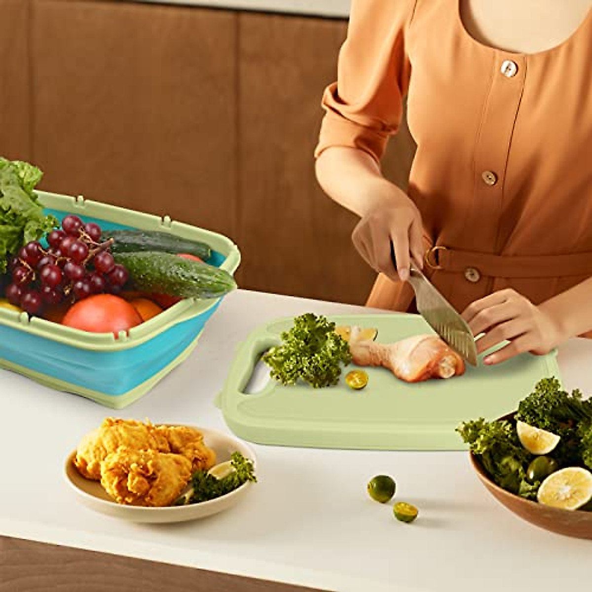 Collapsible Cutting Board, HI NINGER Foldable Chopping Board with Colander, 9-In-1 Multi Chopping Board Kitchen Vegetable Washing Basket Silicone Dish Tub for Camping, Picnic, BBQ, Kitchen-Green