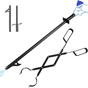 VODA Fire Poker and Fireplace Tongs Set - 31" Campfire Poker with Blow Poke Function, 24" Firewood Tongs, 2 Part Assembled Fire Pit Poker, Log Grabber for Firepit Bonfire Wood Stove Fireplace