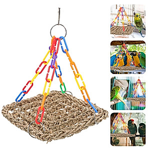 VILLCASE Bird Foraging Cage , Seagrass Woven Climbing Hammock Swing Mat with Colorful Chewing Rope Toys, Suit for Lovebirds, Finch, Parakeets, Conure, Cockatiel