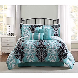 Carmela Home – Comforter Set, Downton, Full/Queen, 7-Piece Set Includes 1 Comforter, 1 Sham, 4 Pillows, & 1 Bed Skirt, 100% Polyester, Reversible & Lightweight, Contemporary Turquoise, Aqua
