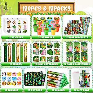 BenLouis 120Pcs Jungle Safari Party Favors Zoo Animals Sticker Stampers Slap Bracelets School Stationery Set Bulk Classroom Prizes for Kids Wild One Party Baby Shower Goodie Bags Fillers